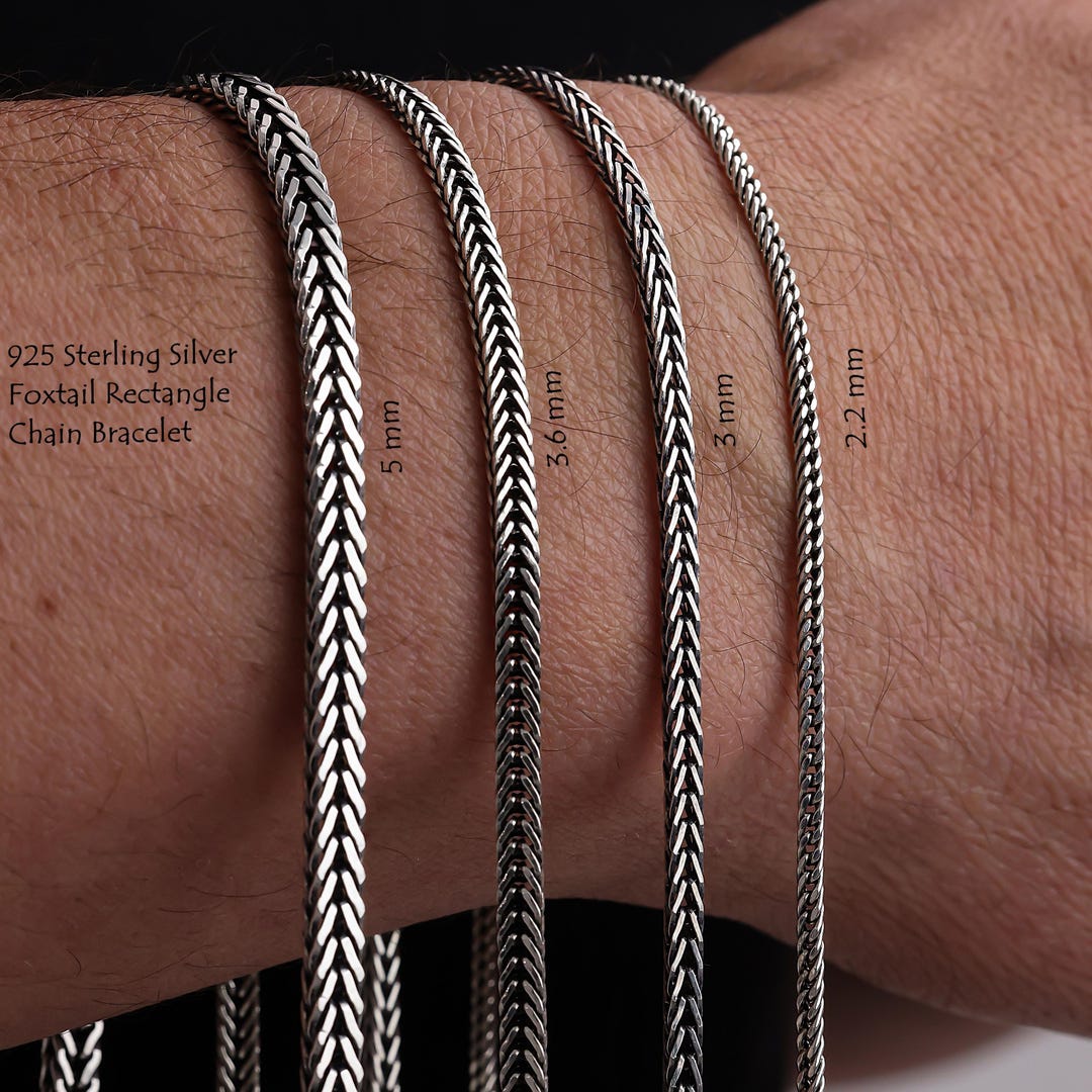 925 Sterling Silver Foxtail Chain Bracelet Men, Flat Wheat Bali ...