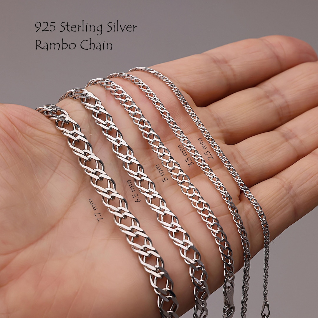 925 Sterling Silver Rambo Chain Necklace Men, Double Curb Link Long ...