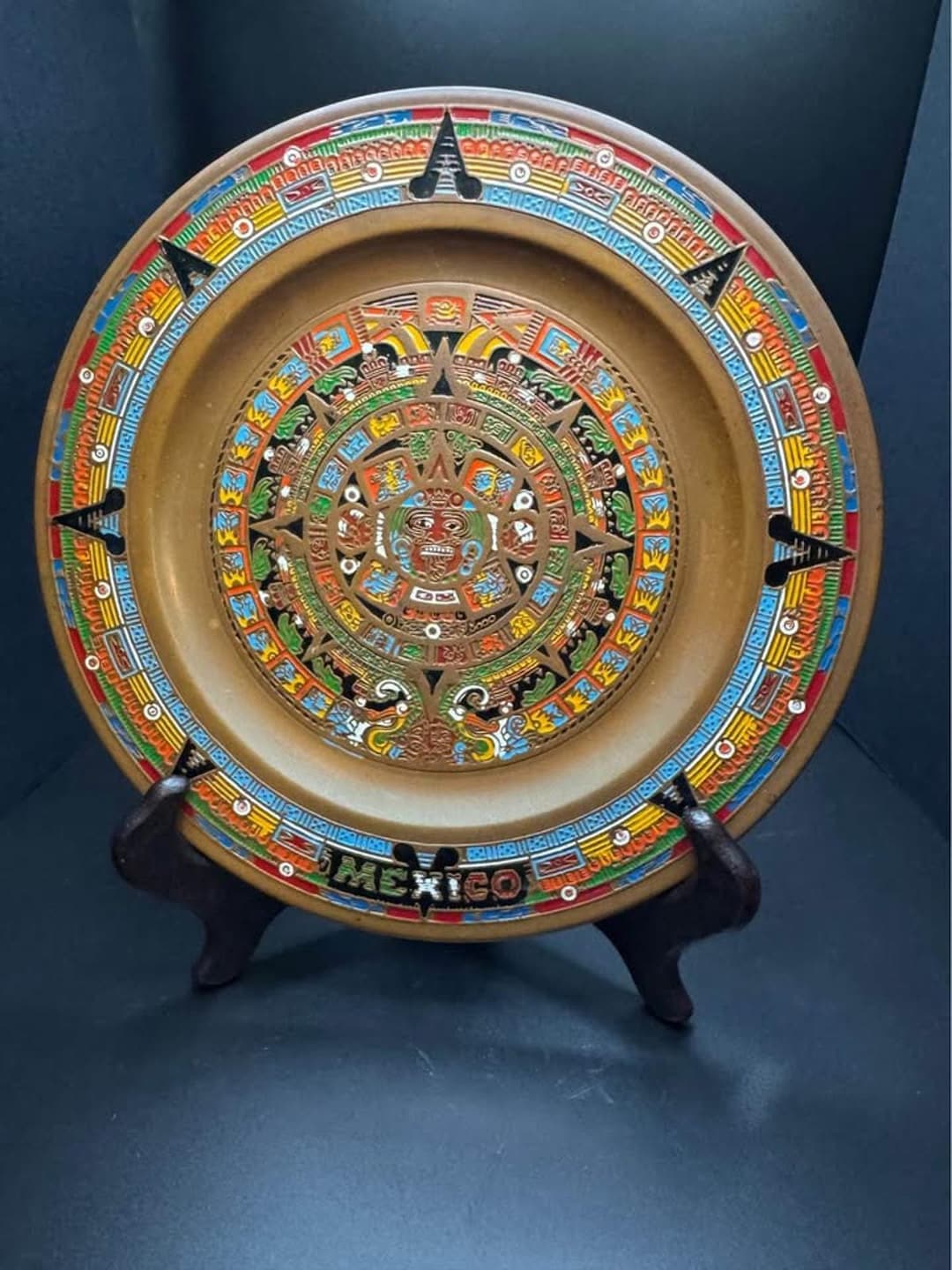 Vintage Hand Painted Mexican Mayan Calendar Copper and Enamel Hanging ...