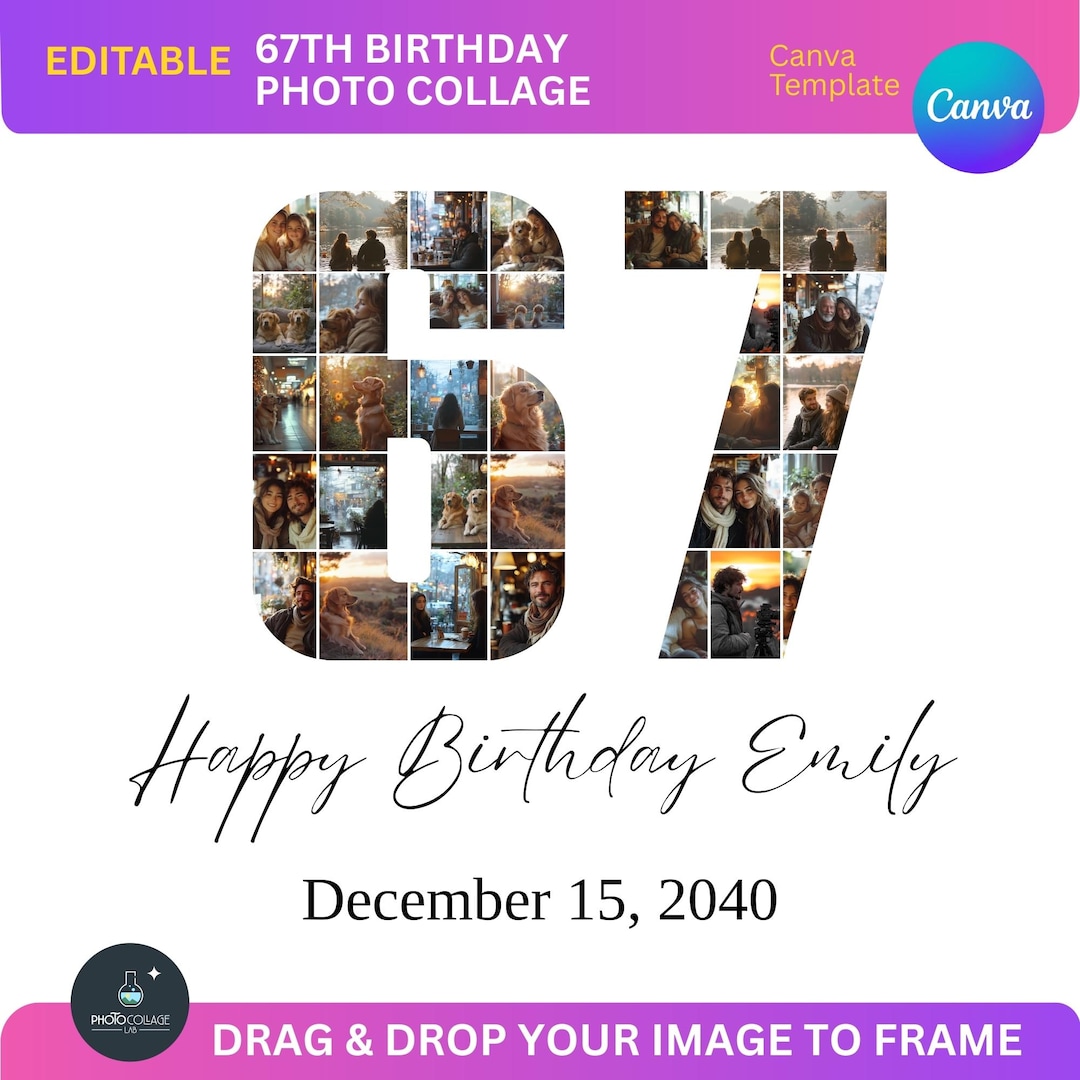 Editable 67th Birthday Photo Collage Canva Template, Sixty Seven ...