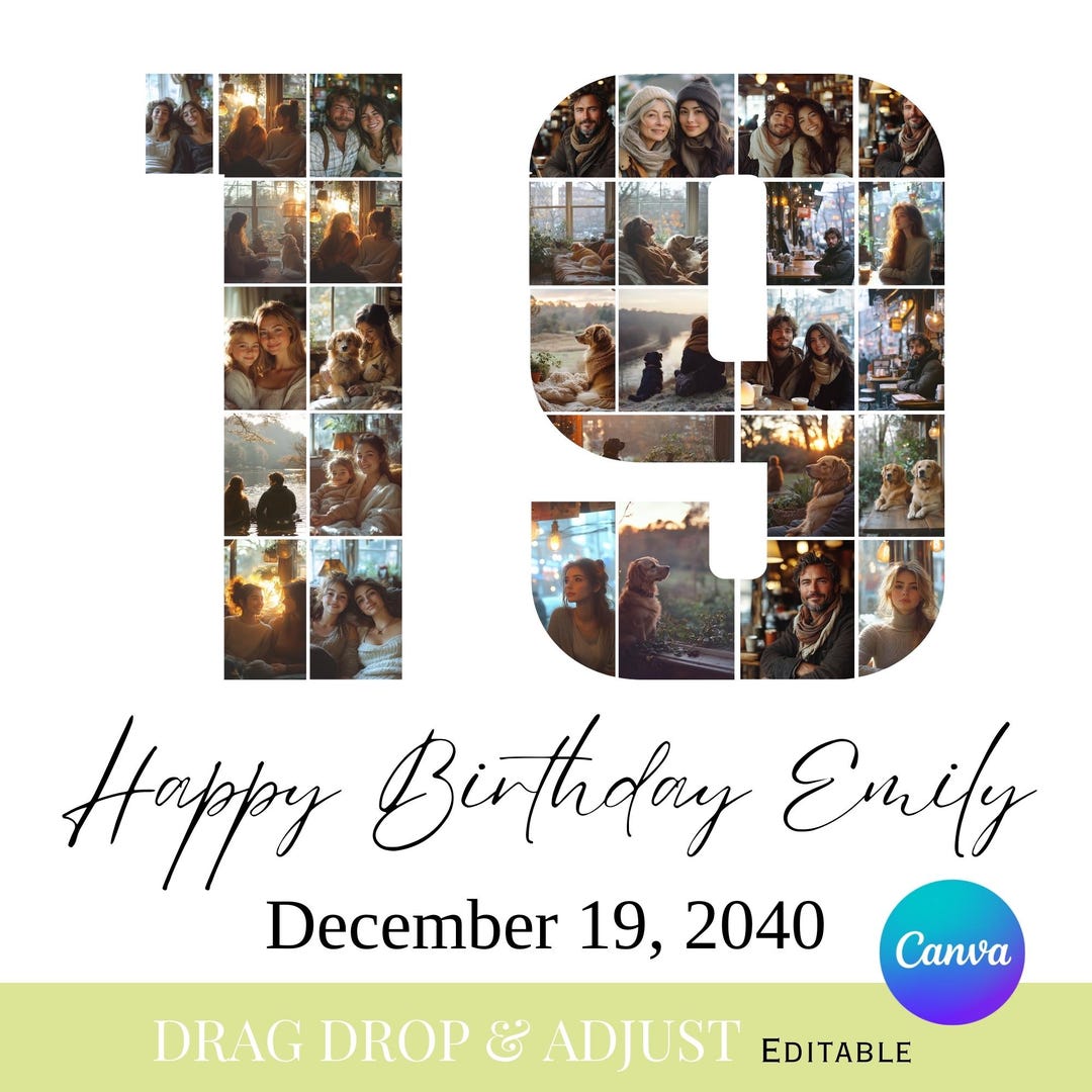 Editable 19th Birthday Photo Collage Canva Template, Nineteen Birthday ...