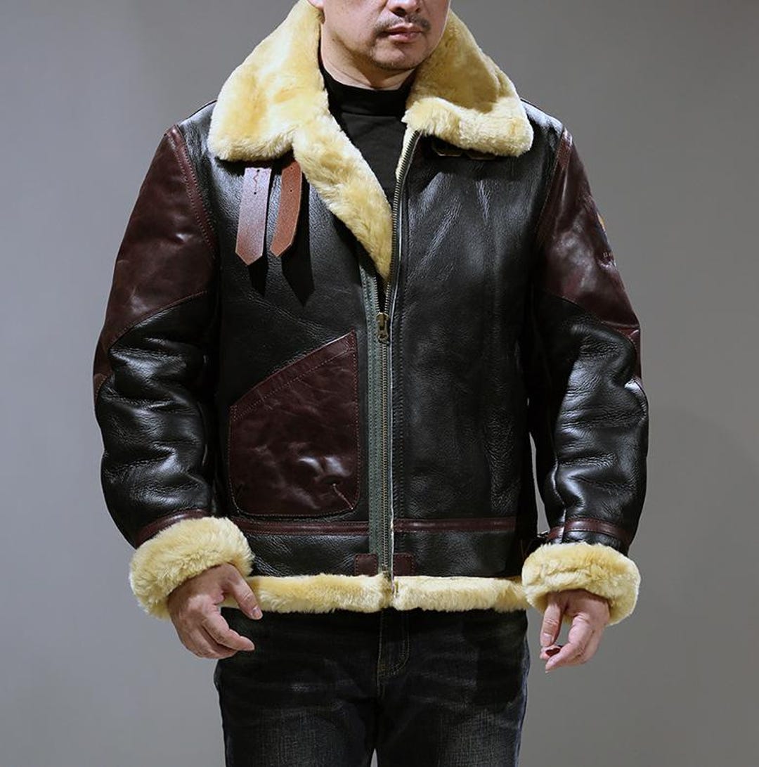 Men's Bomber Aviator Shearling Fur Jacket Genuine Sheepskin Leather ...