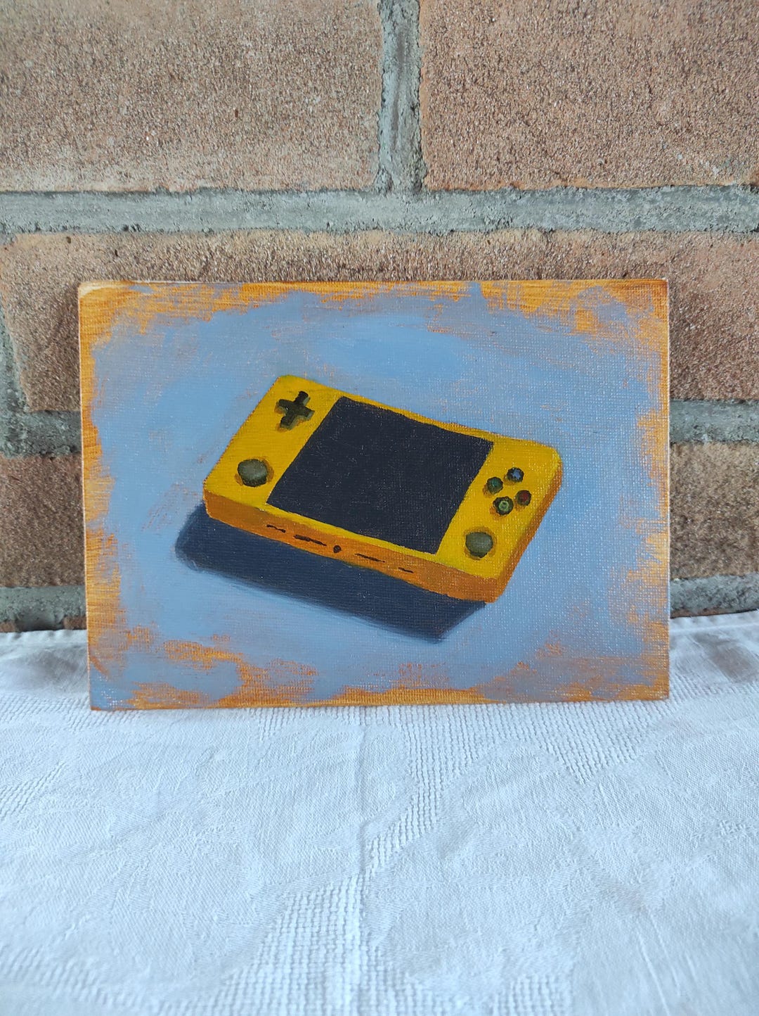 Yellow Game Console – Retro Handheld Oil Painting – 13x18 cm Original ...