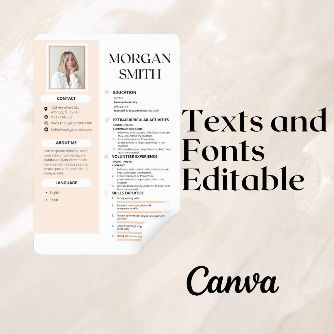 Editable Sorority Resume Template With Photo, Minimalist Pink and Coral ...