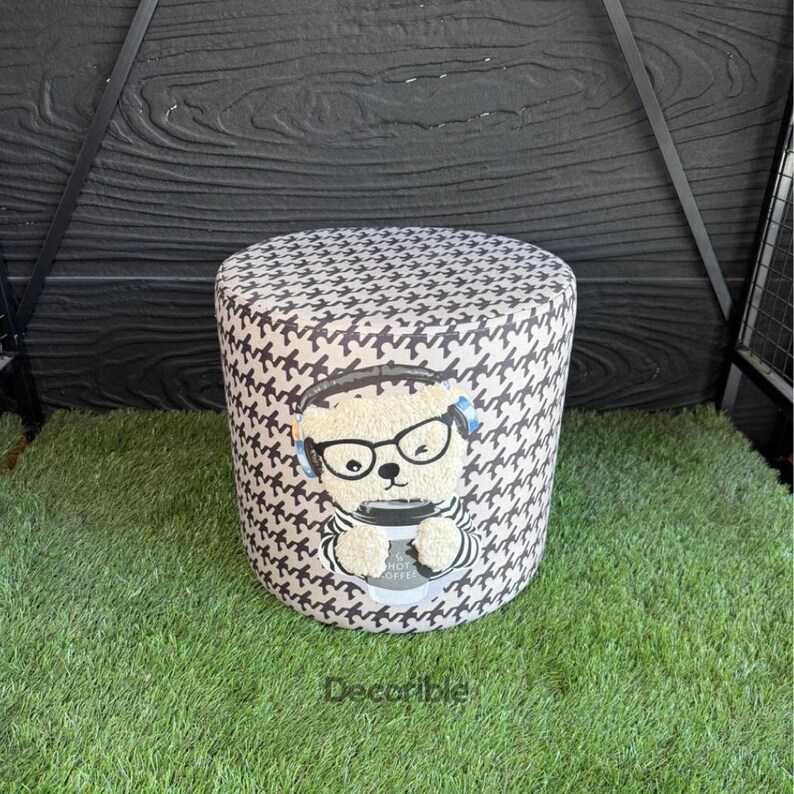 White Teddy Bear Patterned Round Pouf, Foot Stool, Ottoman Pouf, Pouffe ...