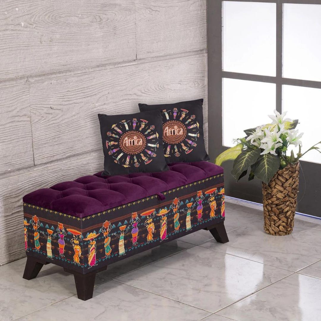 Black African Patterned Pouf With Storage Box Organizer Pouffe Home ...