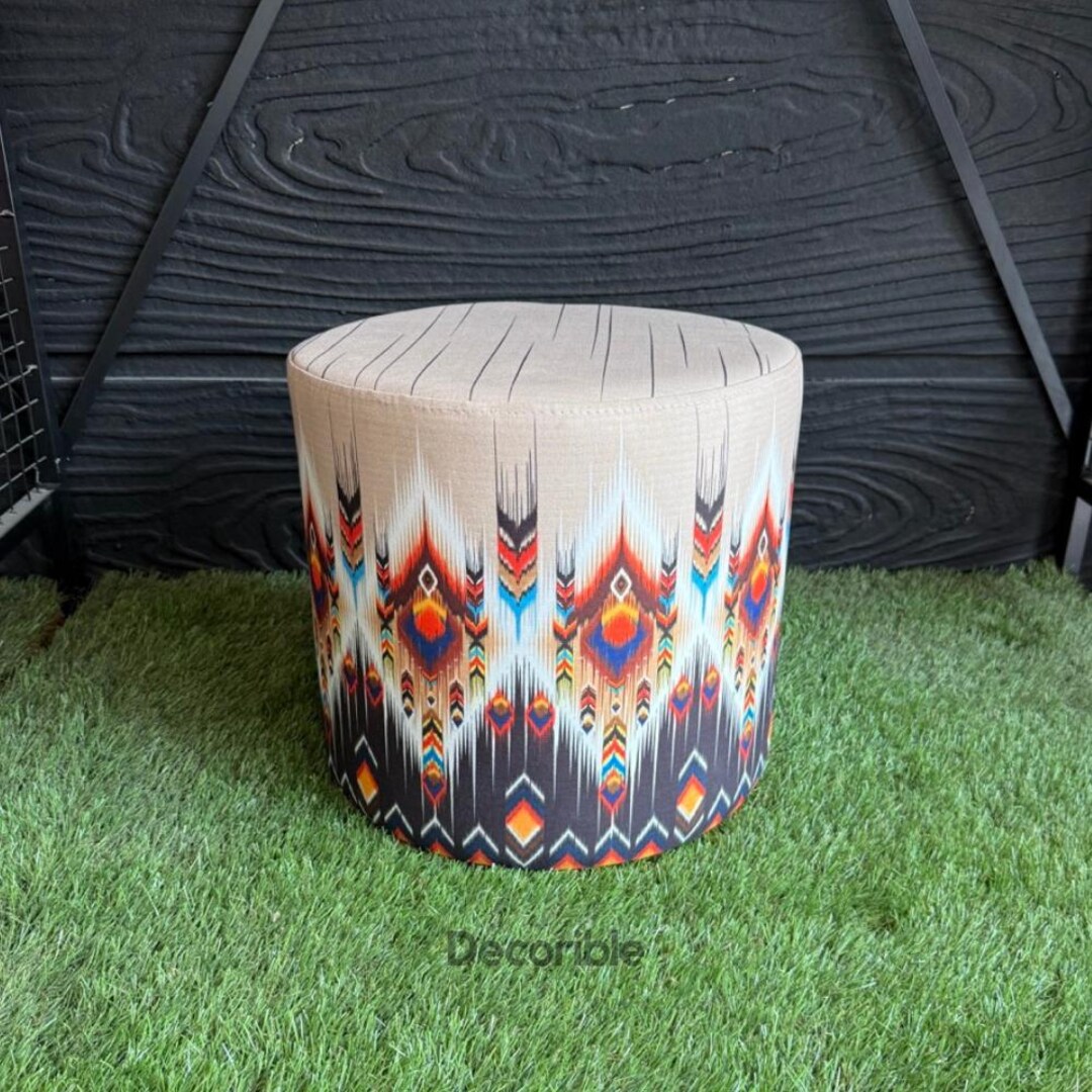 Abstract Ikat Patterned Round Pouf, Foot Stool, Ottoman Pouf, Pouffe ...