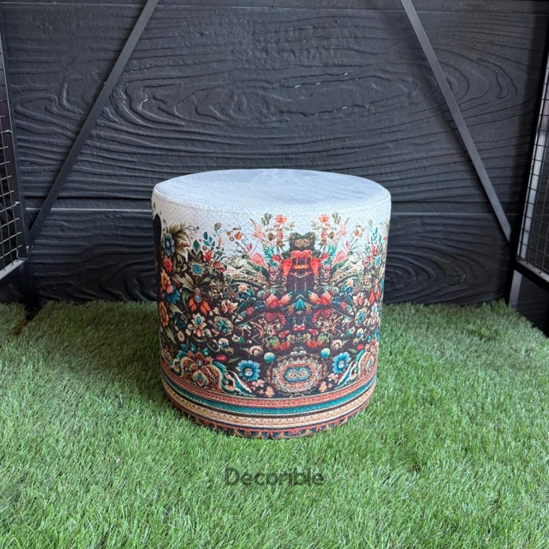 Flower Garden Patterned Round Pouf, Foot Stool, Ottoman Pouf, Pouffe ...
