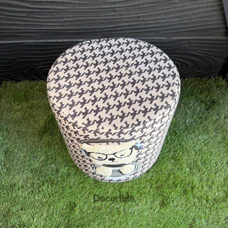 White Teddy Bear Patterned Round Pouf, Foot Stool, Ottoman Pouf, Pouffe ...