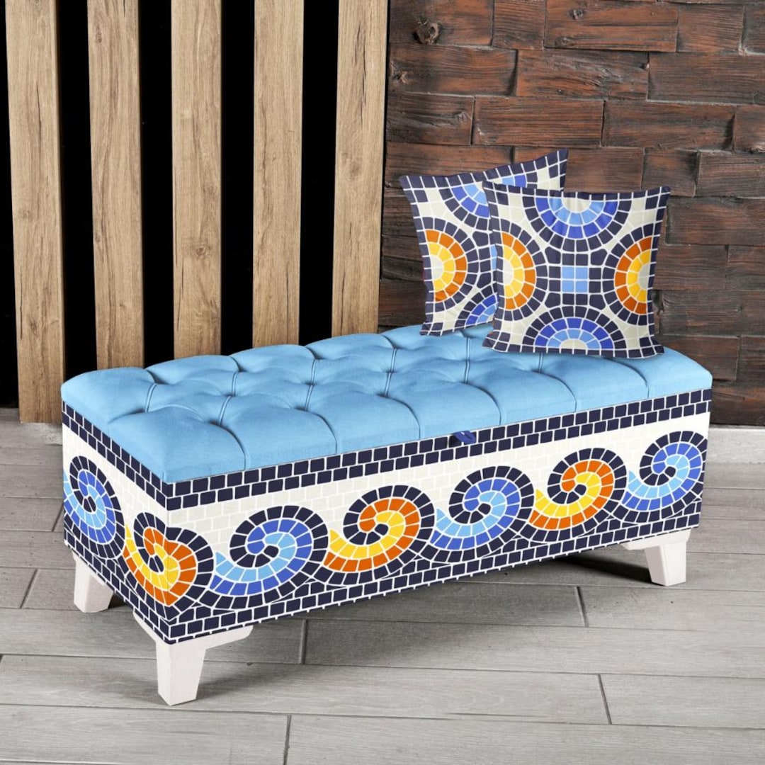 Mosaic Patterned Pouf With Storage Box Organizer Pouffe Home Bench + 2 ...