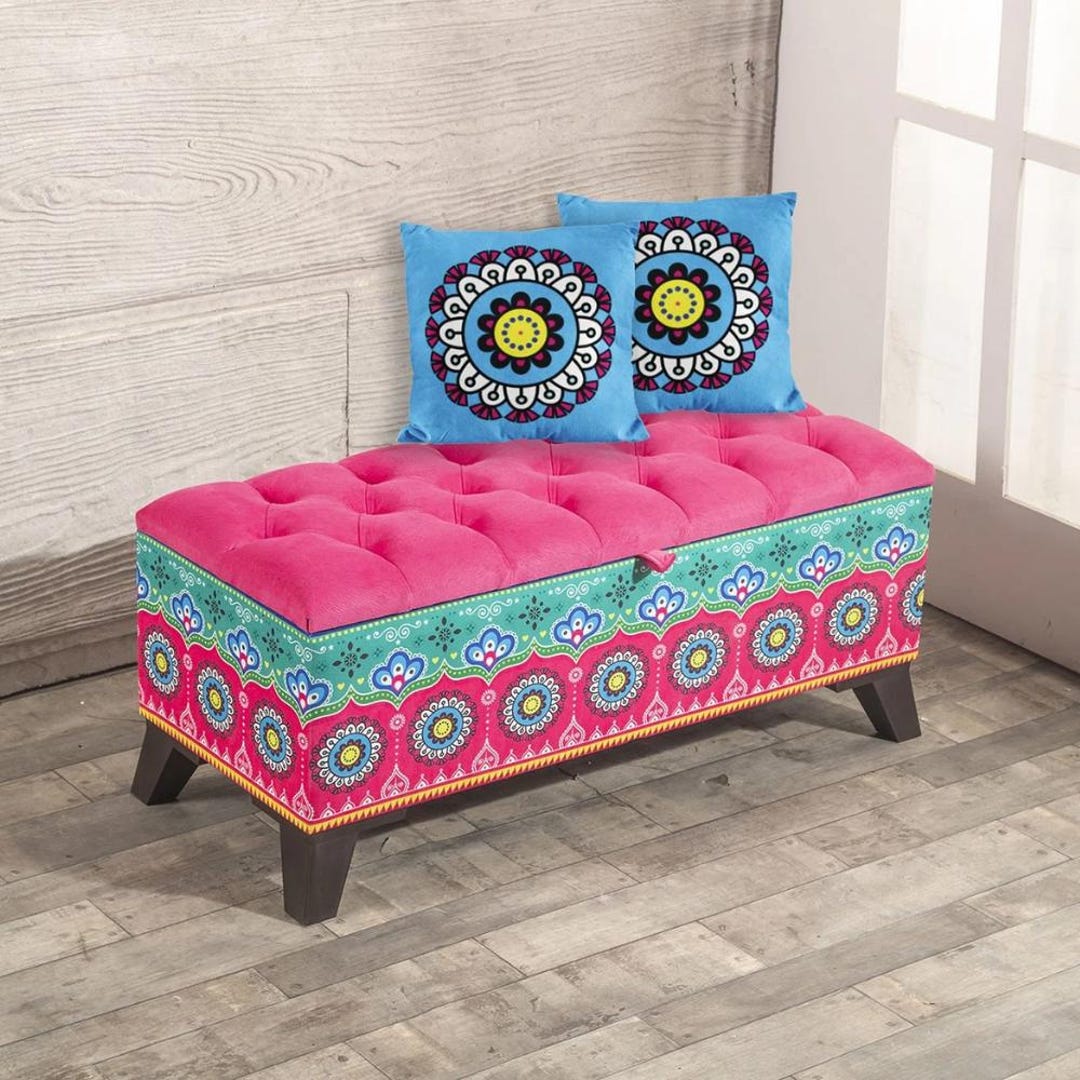 Indian Patterned Pink Pouf With Storage Box Organizer Pouffe Home Bench ...