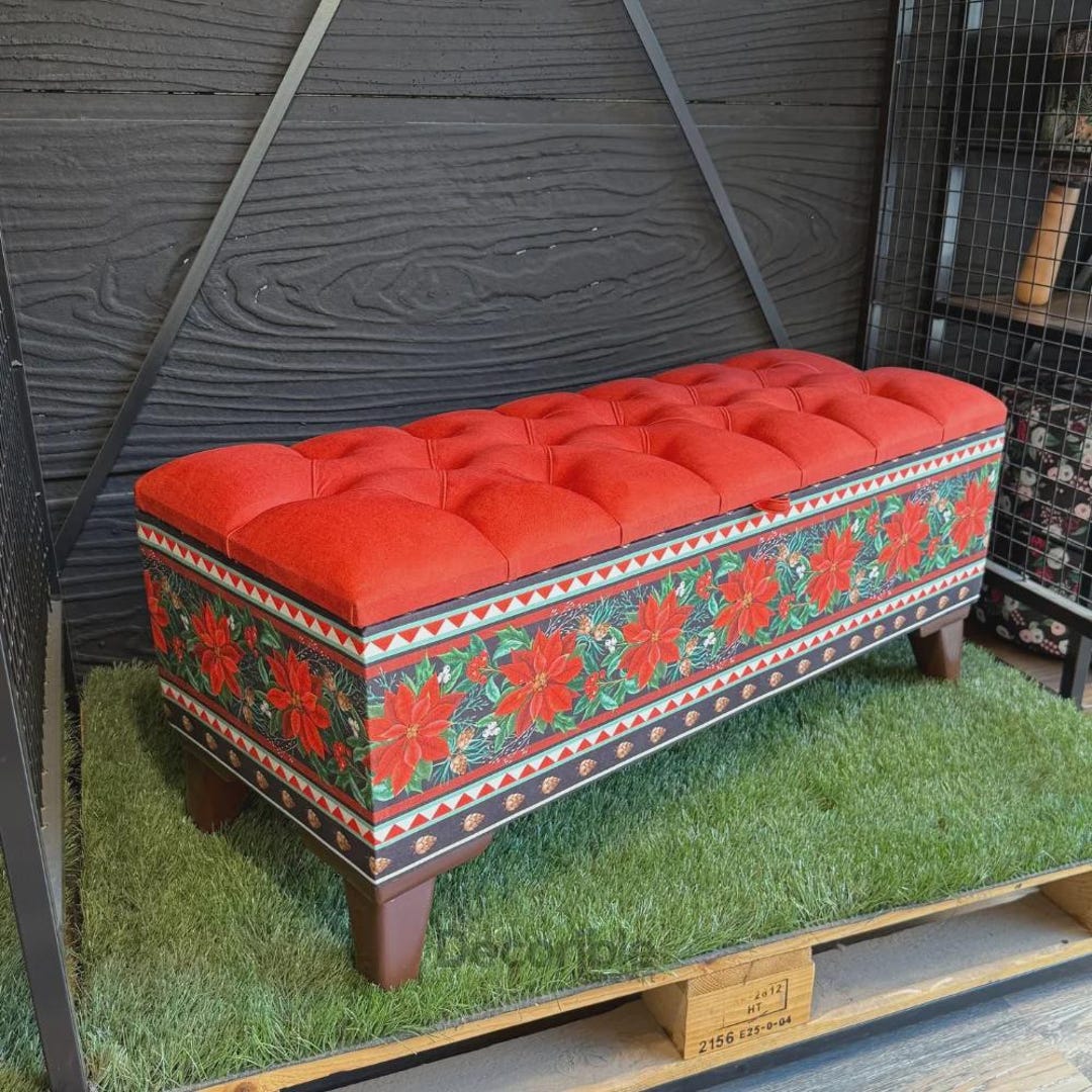 Poinsettia Patterned Pouf With Storage Box Organizer Pouffe Home Bench ...