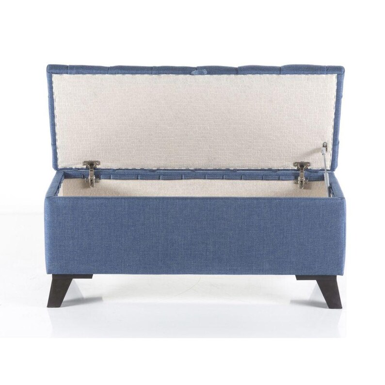Blue Linen Quilted Pouf With Storage Box Organizer Pouffe Home Bench ...