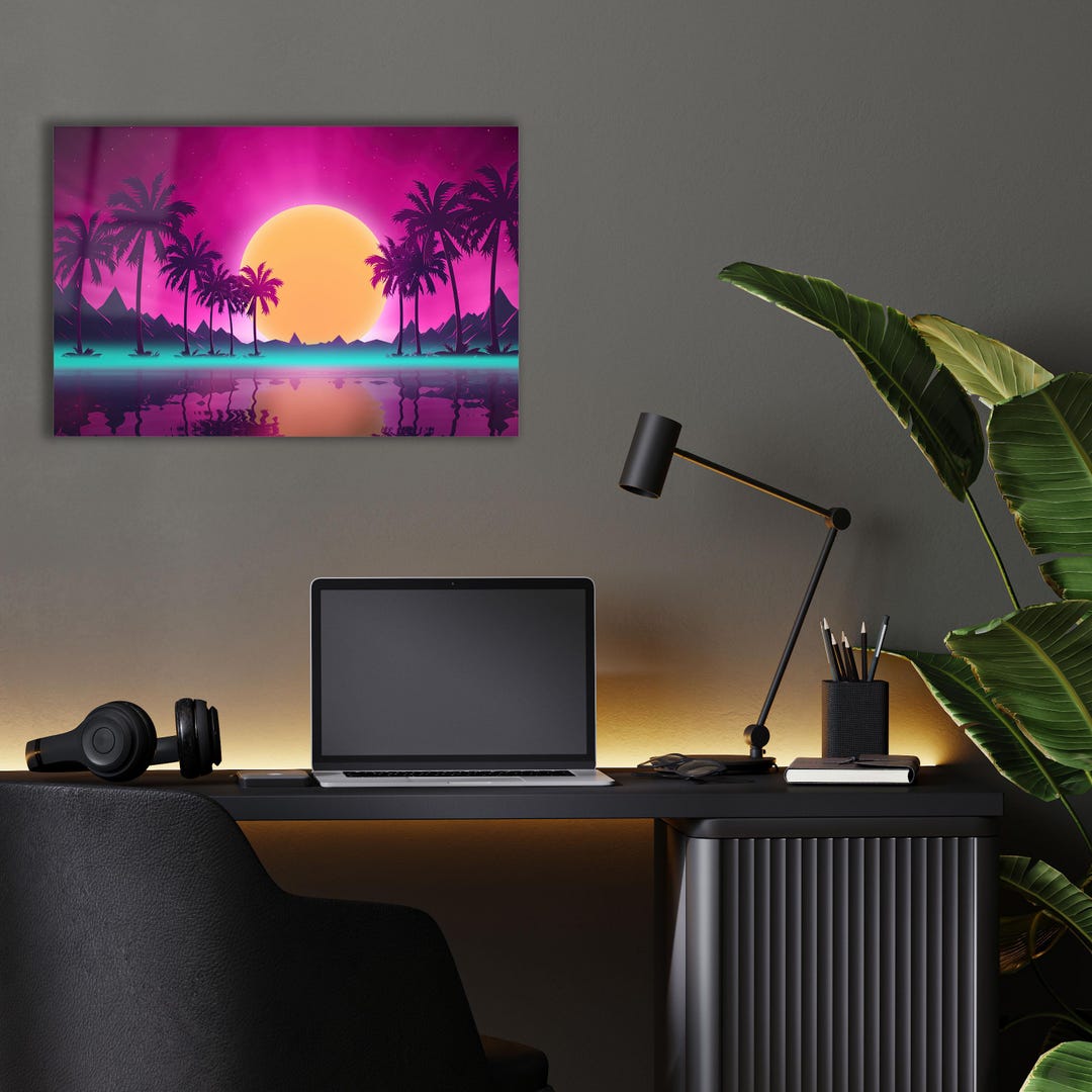 Retrowave Neon Sunset Glass Art Wall Decor - Etsy
