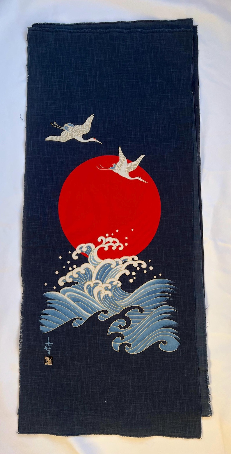 Japanese Crane & Red Sun Cotton Fabric Panel – Traditional Art, Wall ...