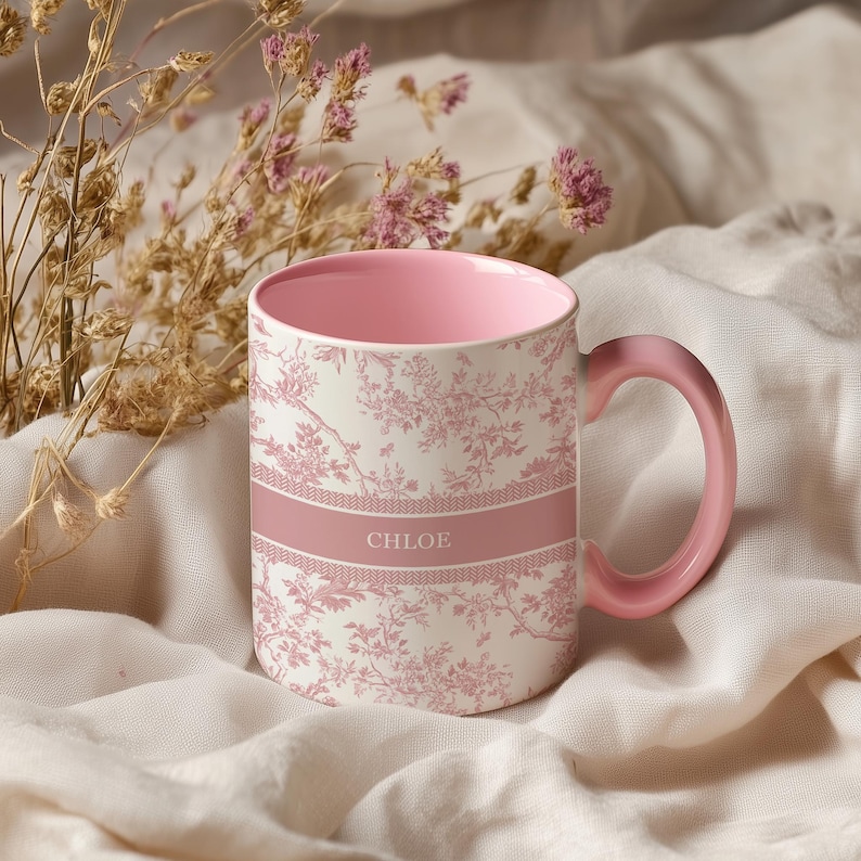 Personalized Name Mug Pink Toile Design Custom Ceramic Coffee Cup ...