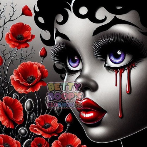 Betty Boop Drip Art With Red Poppies &andpurple Accent Modern Black-and ...