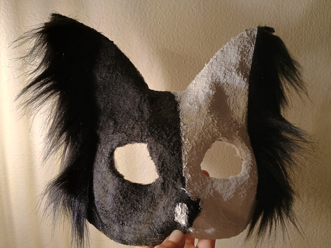 Black and White Big Eared Therian Mask With Fur - Etsy