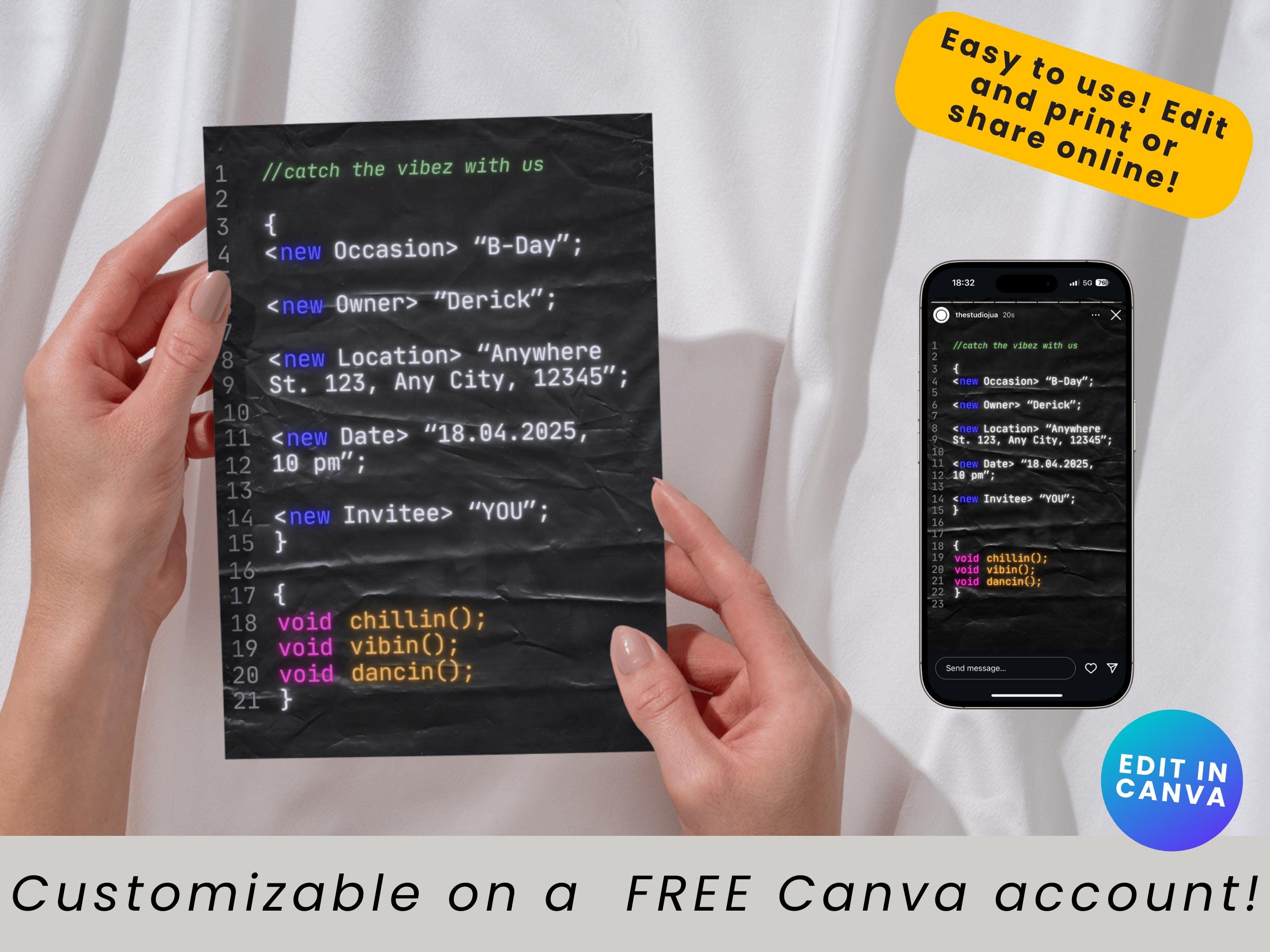 Coding Editable Digital Birthday Invitation Template, Software ...