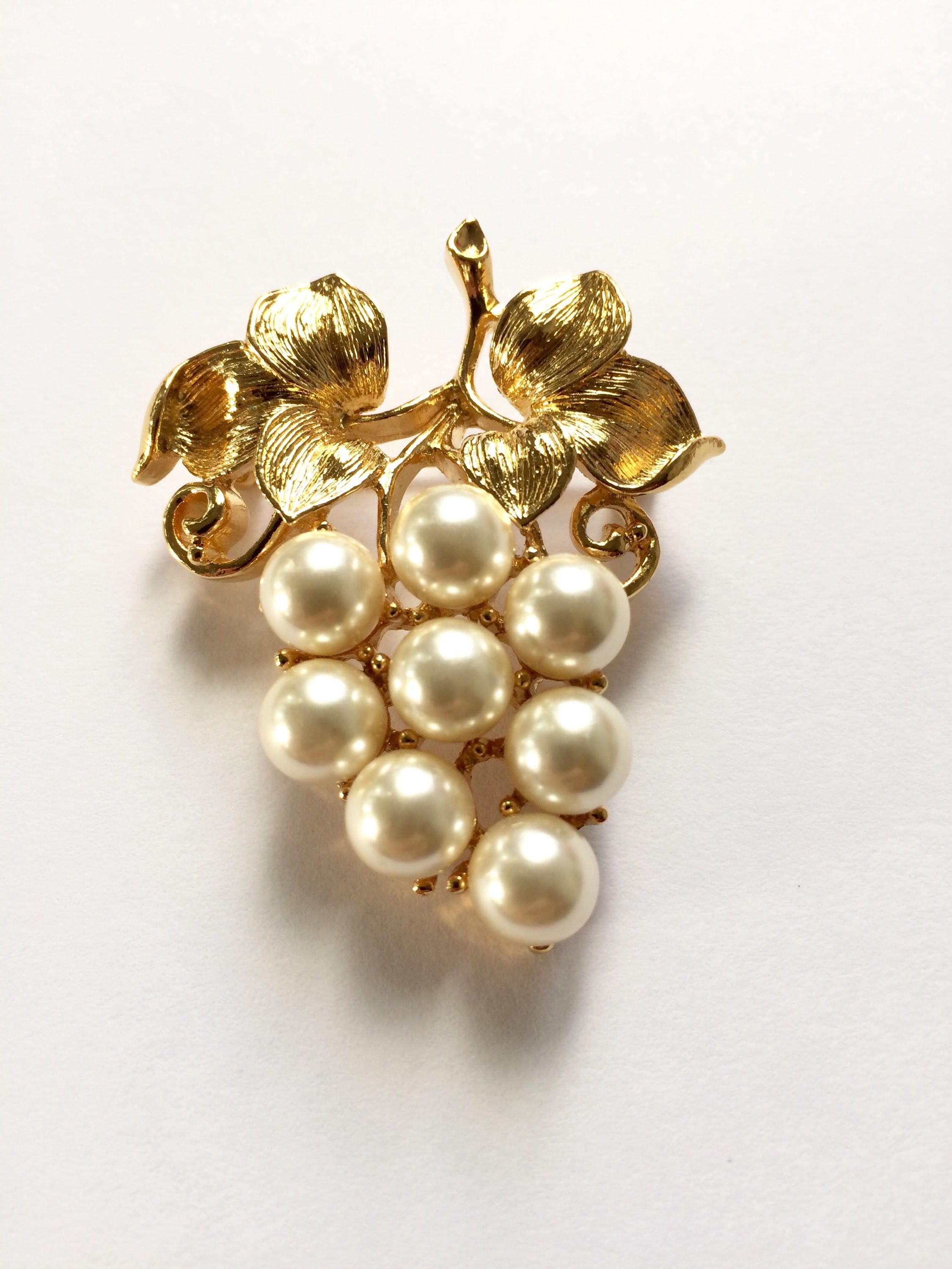 Vintage Goldtone & Faux Pearls Grapes Pin Brooch New Old Stock | Etsy