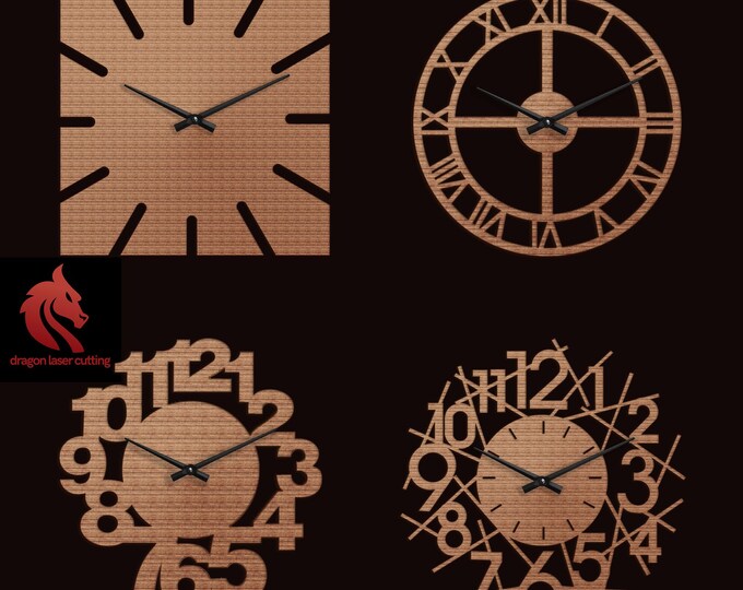 Laser Cut 4 Wall Clock Designs 2d Files SVG Bundle Glowforge Wood Clock ...