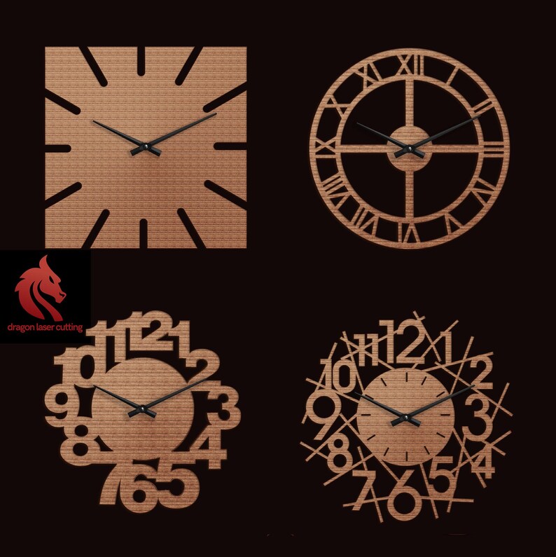 Laser Cut 4 Wall Clock Designs 2d Files SVG Bundle Glowforge Wood Clock ...