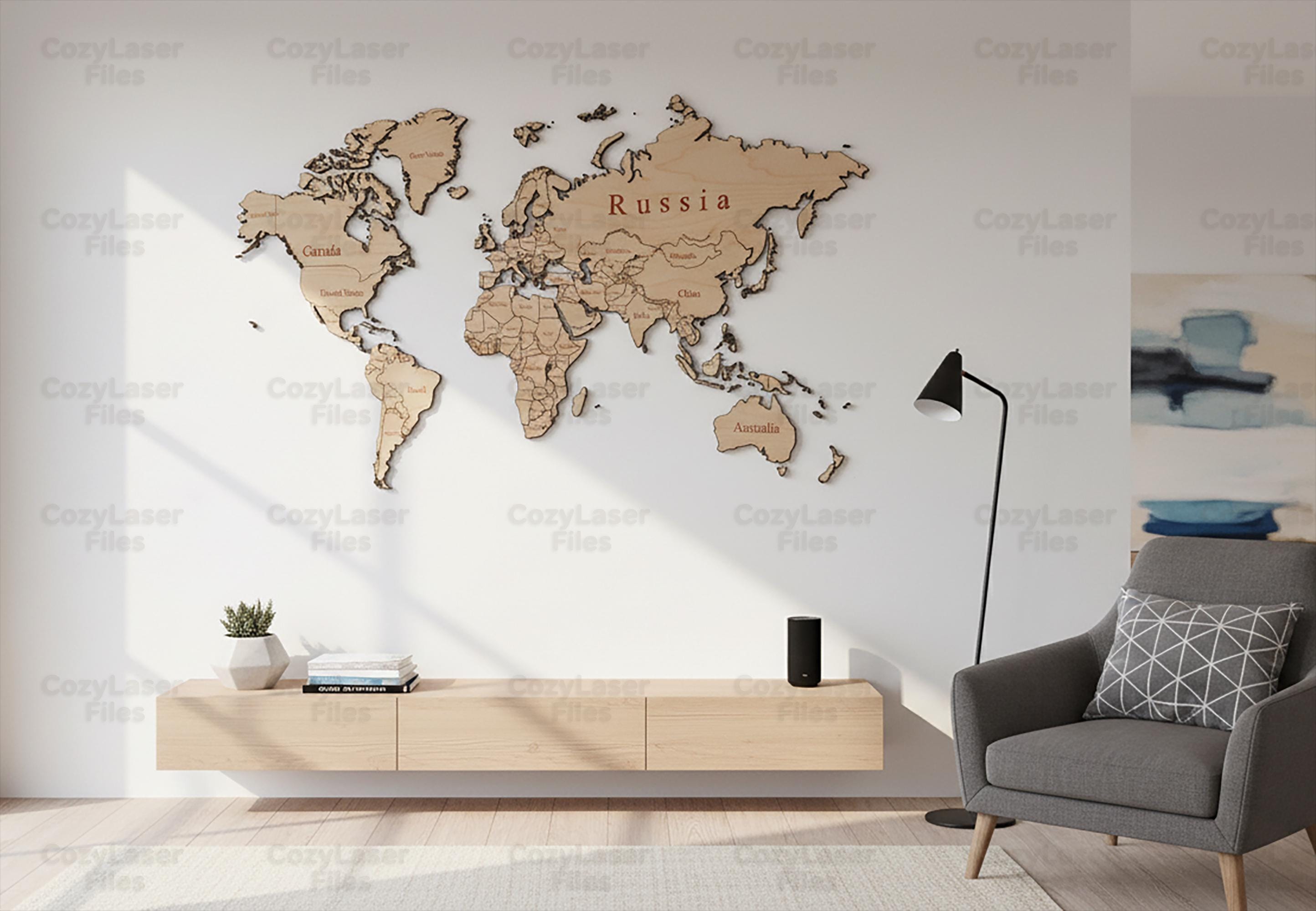 Laser Cut Files Wooden Map Whole World Laser Engraving Art Wall Decor ...