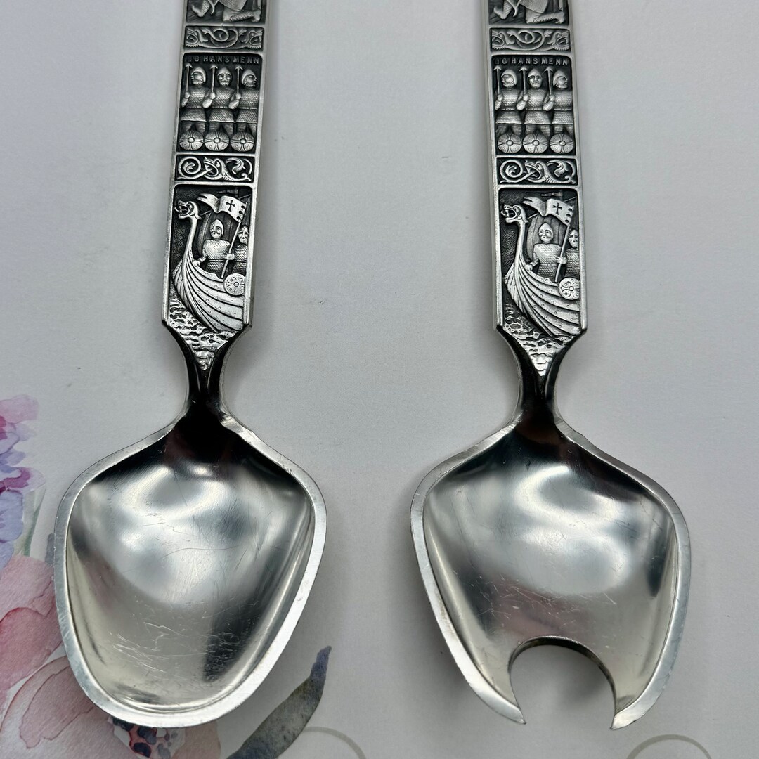 Vintage Salad Servers Konge Tinn Pewter Norway Viking Scenes ...