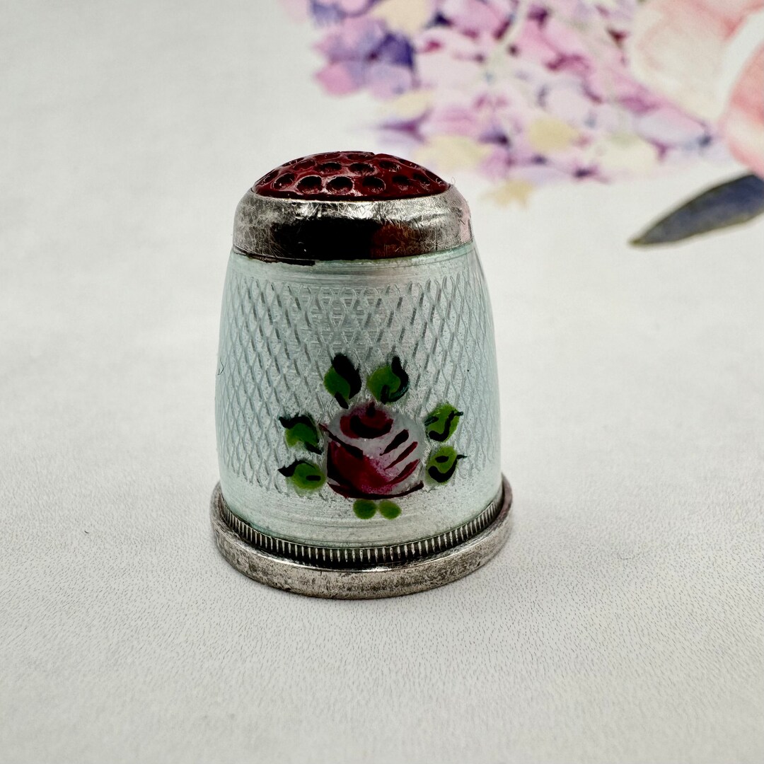 Guilloche Enamel Sterling Silver Thimble With Painted Rose Pattern ...