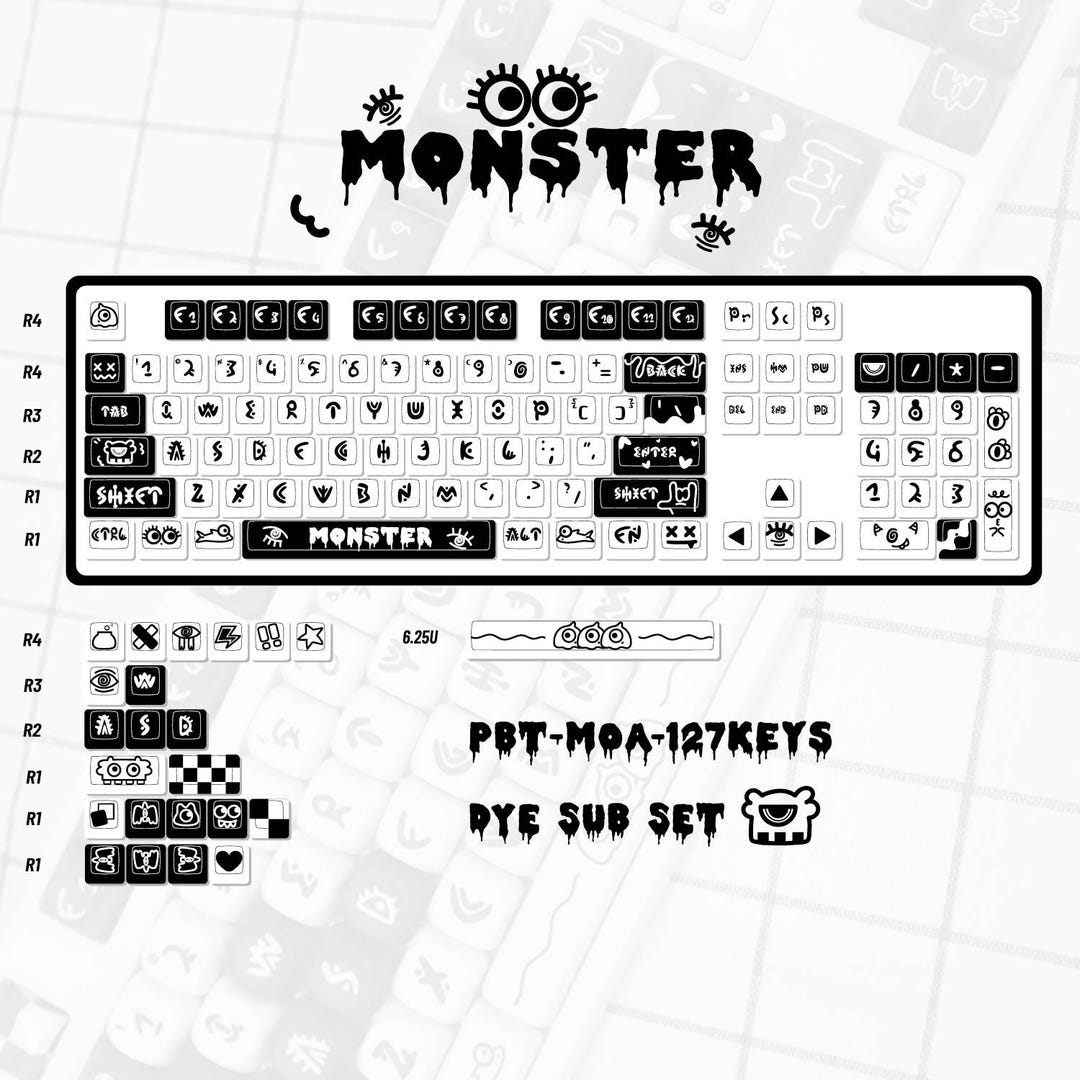 Adorable Monster-themed MOA Height Keycaps Set 127-key PBT Thermal ...