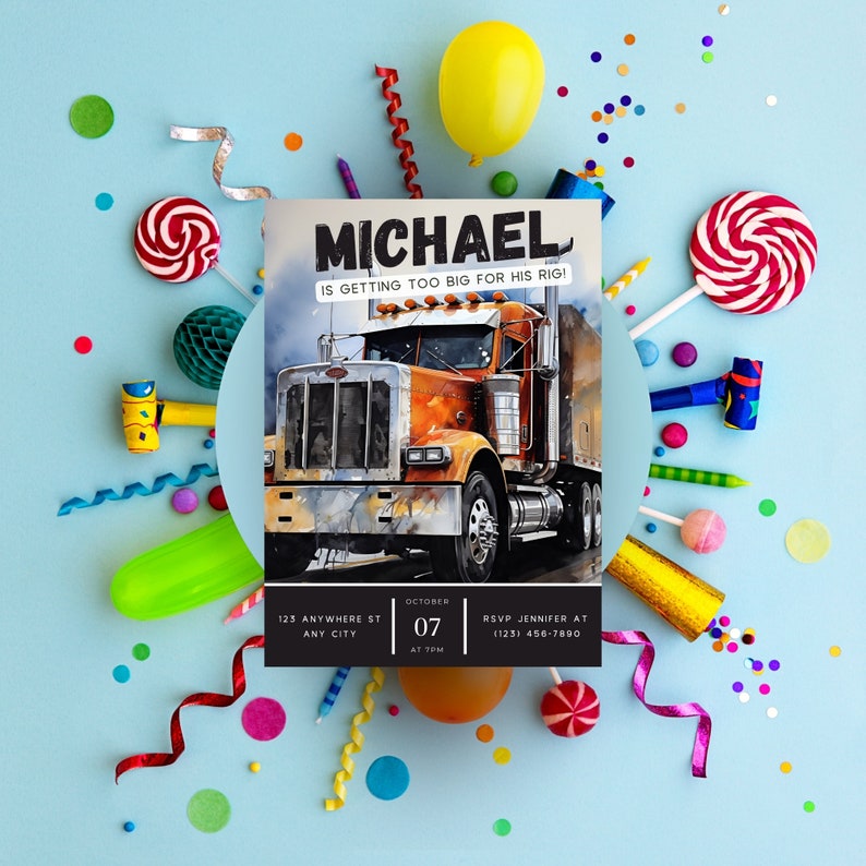 Big Rig Truck Boy Birthday Invitation, Man Promotion Party Invitation ...