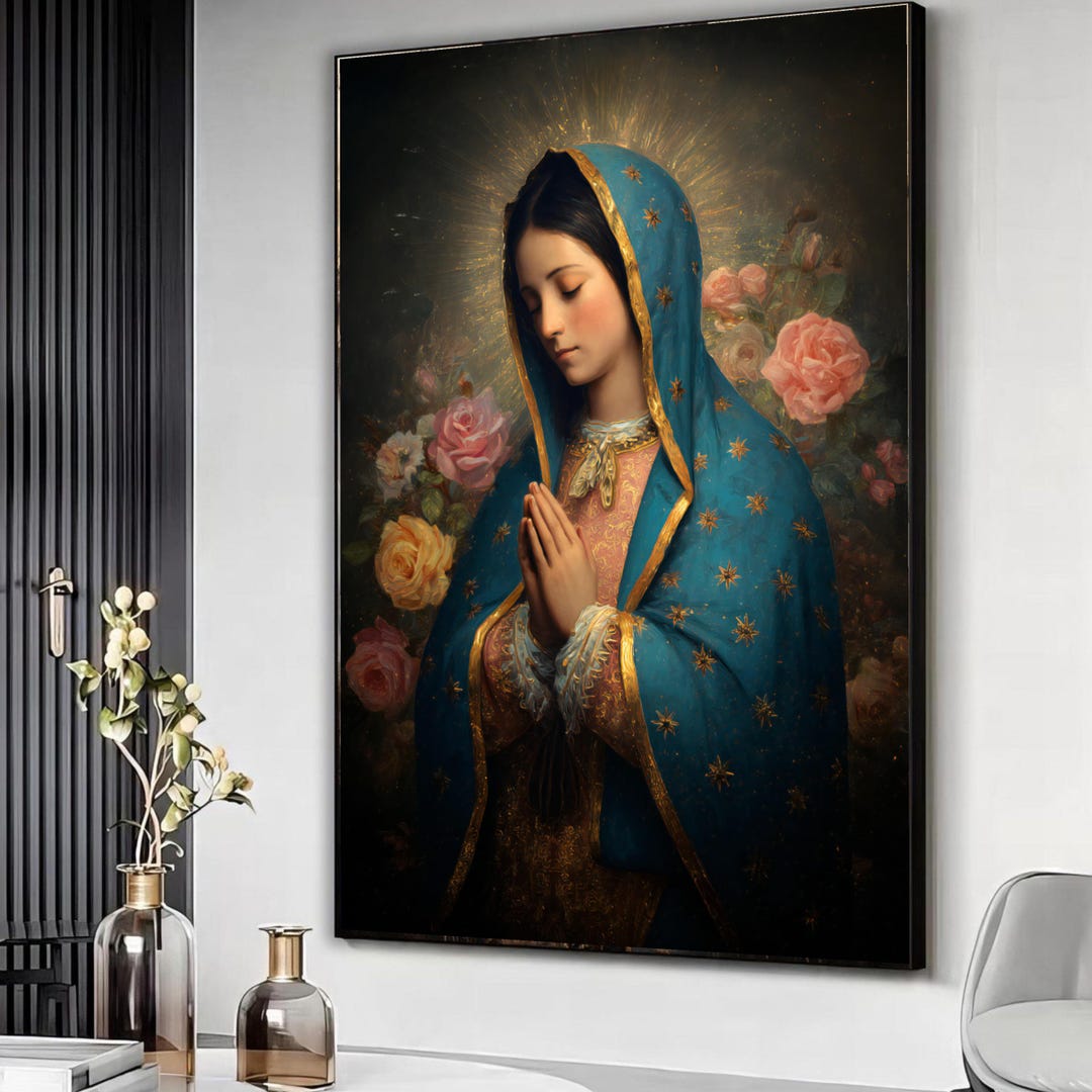 Praying Virgin Mary Canvas, Blue and Gold Cloak Religious Wall Art ...