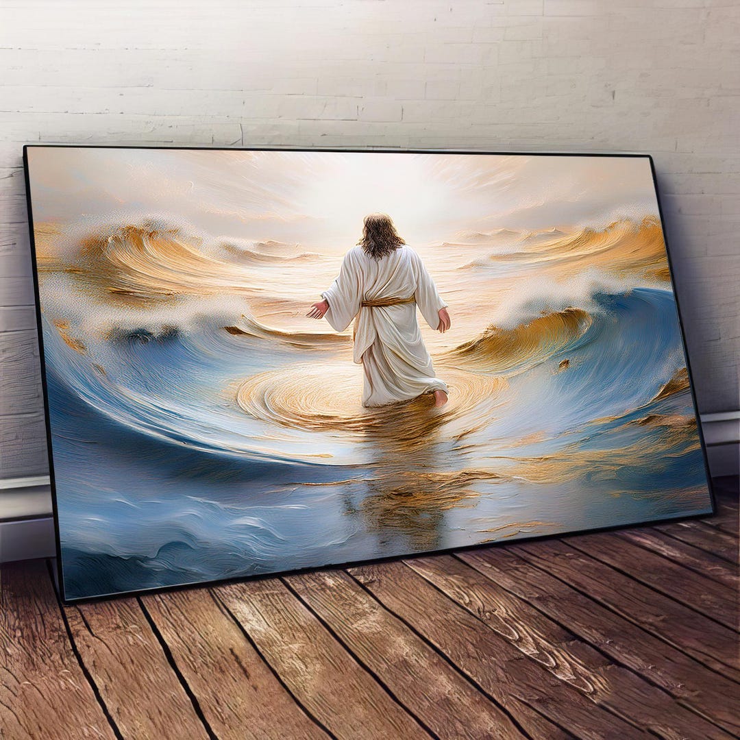 Horizontal Jesus Painting, Backward Jesus Walking on Water Canvas Print ...