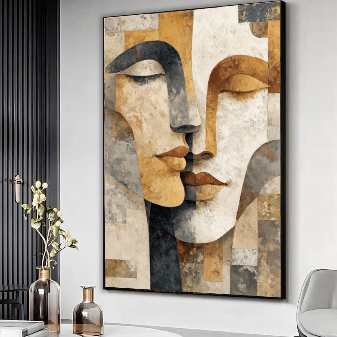 Abstract Faces Embrace Canvas, Modern Wall Art, Cubist Style Painting ...
