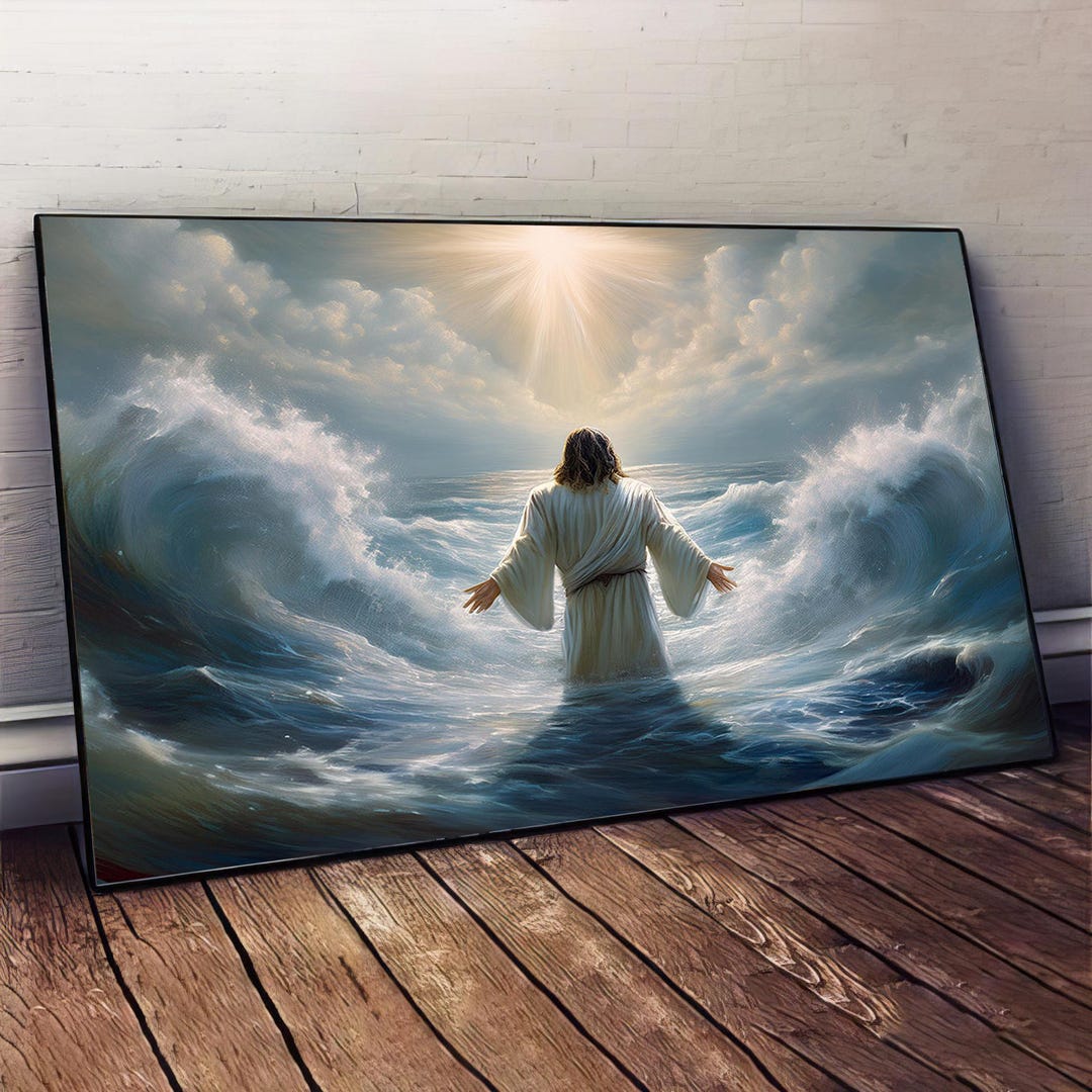 Horizontal Jesus Painting, Backward Jesus Walking on Water Canvas Print ...
