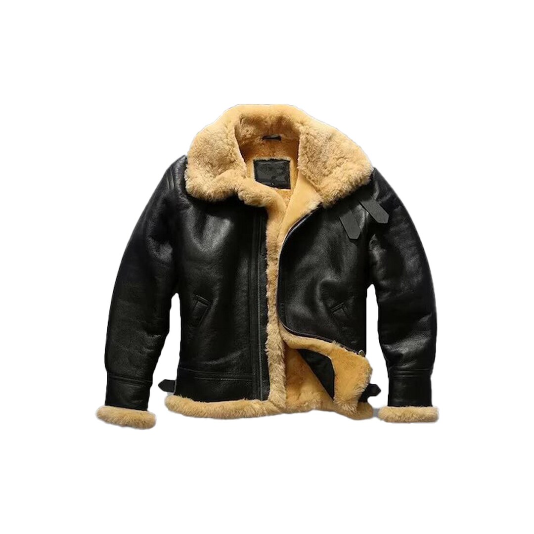Men's Black RAF Aviator B3 Real Lambskin Leather Shearling Bomber ...