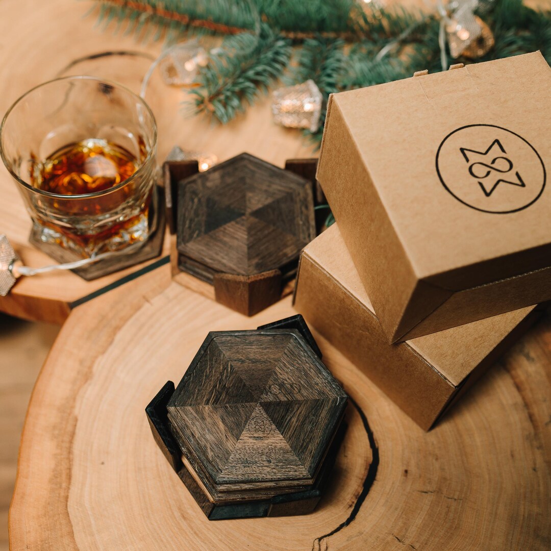 Coasters Set Wooden Whisky Coaster Anniversary Gifts Bog Oak Drink ...