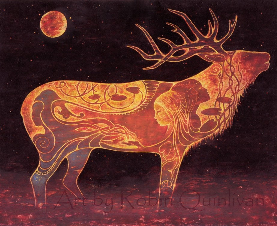 Elk Print 8x10 Art Print of Oil Pastel Etching Animal Totem Pagan ...