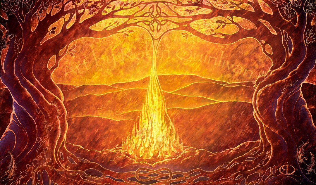Fire on the Mountain - Print of Oil Pastel Etching - Celtic Fire Forest ...