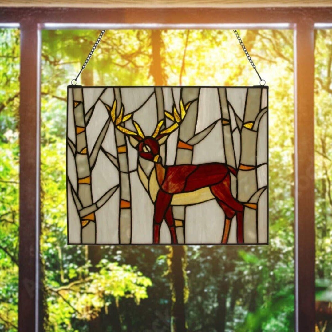Hanging Majestic Deer Stained Glass Window Panel Suncatcher - 14x11in ...