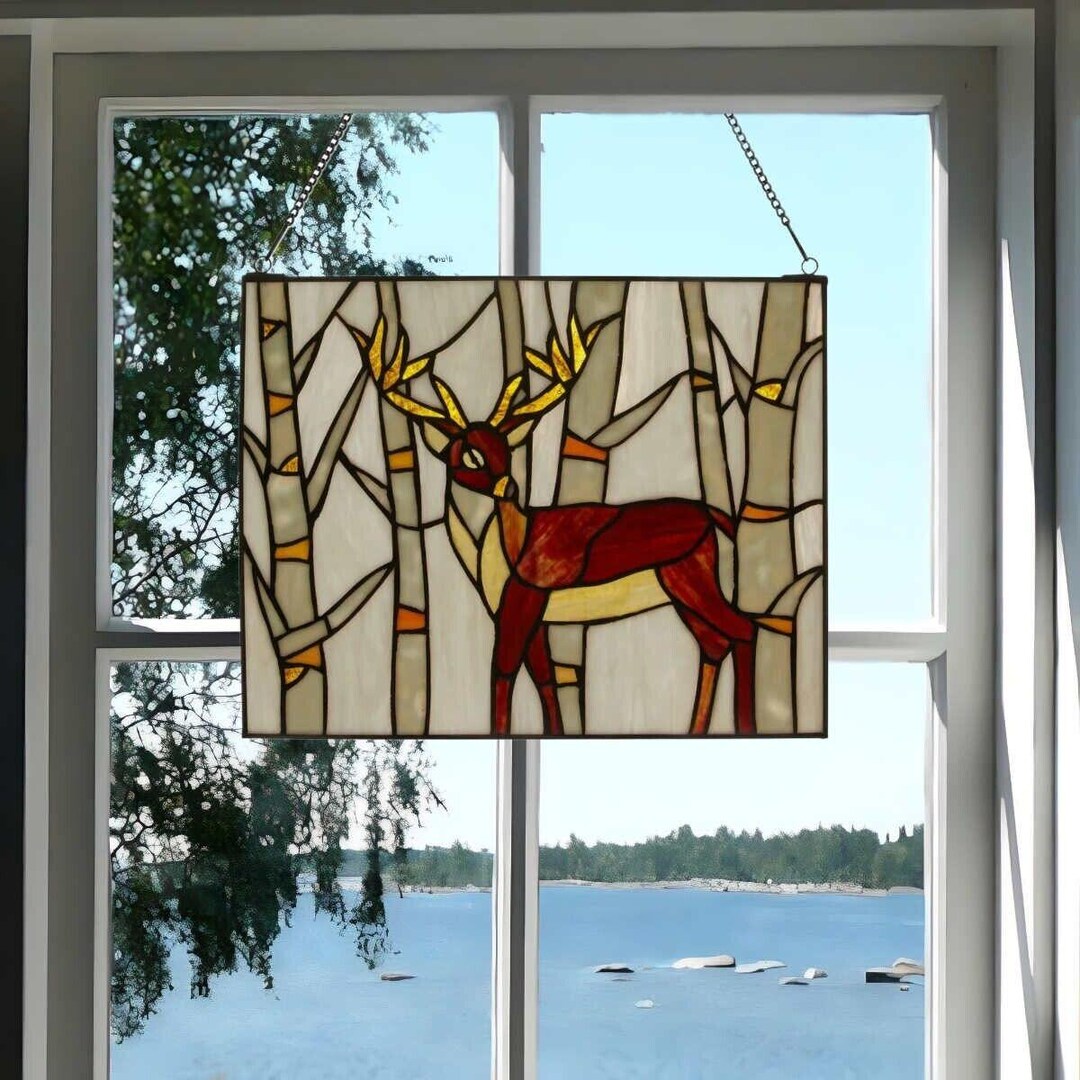 Hanging Majestic Deer Stained Glass Window Panel Suncatcher - 14x11in ...