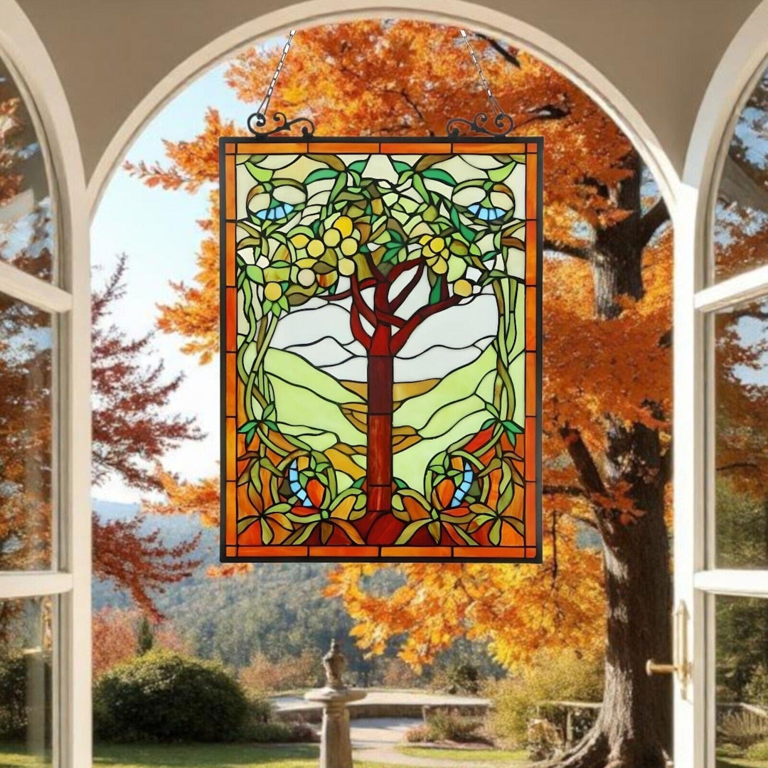 Tree of Life Stained Glass Window Panel Suncatcher Vibrant Spring Tones ...