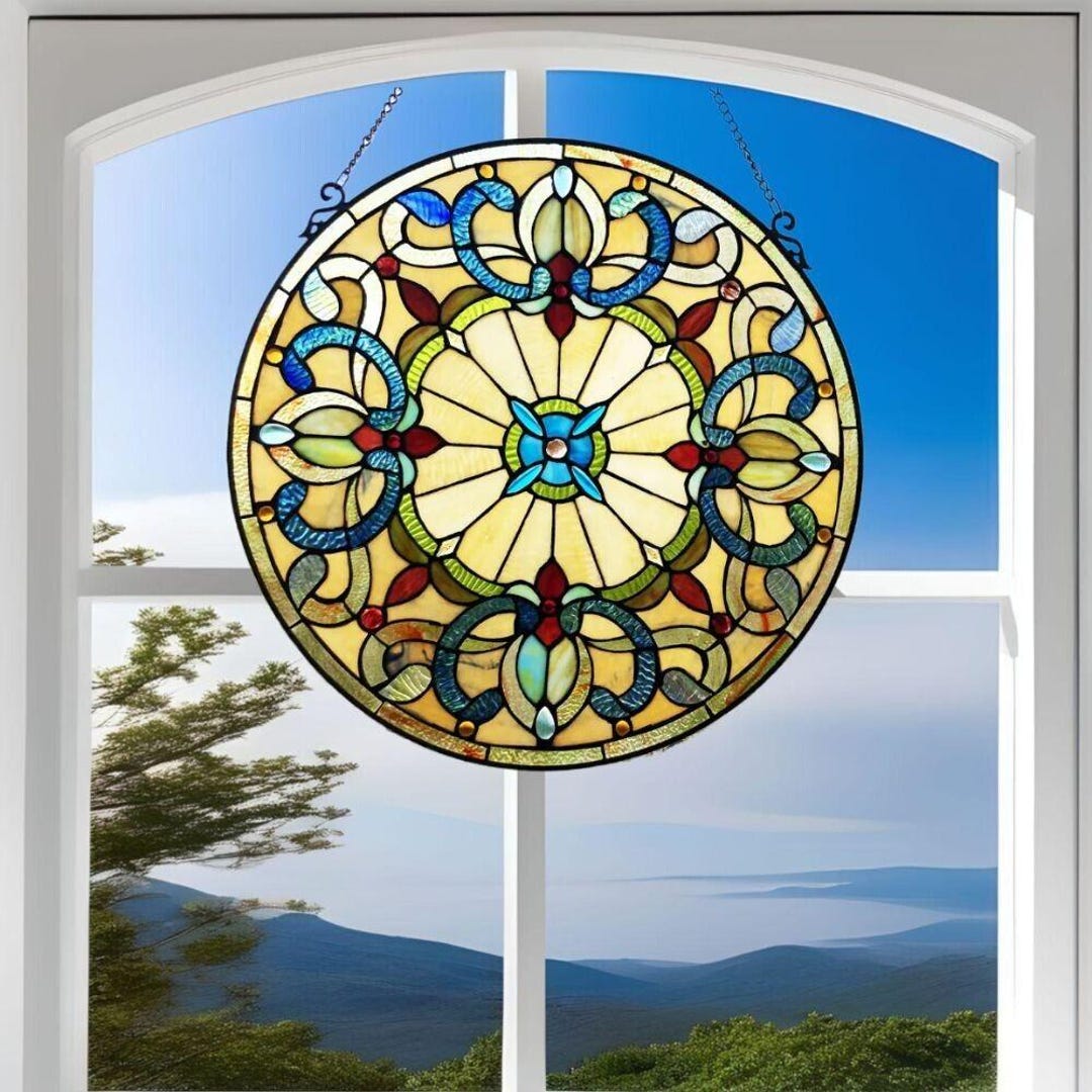 Shades of Amber Tiffany Style Victorian Design Round Window Panel 22in ...