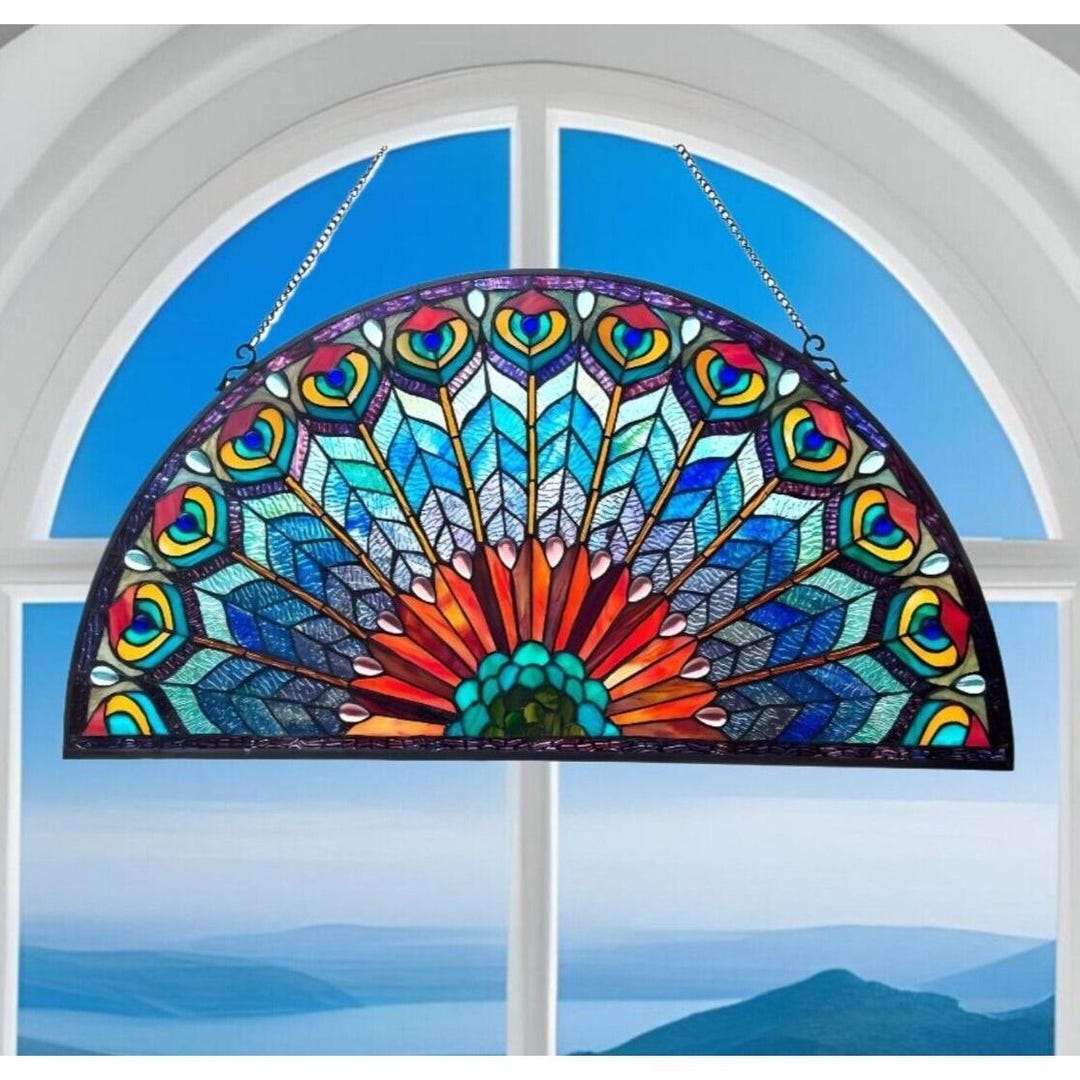 Stained Glass Semi-circle Window Panel Suncatcher Peacock Design ...