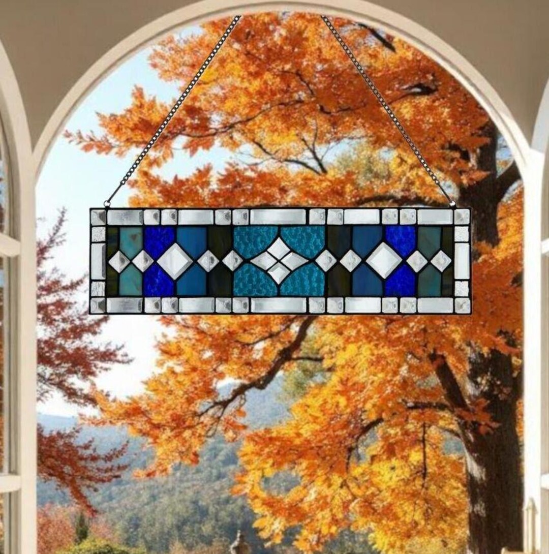 Stunning Stained Glass Suncatcher Panel Geometric Diamonds and Stripes ...
