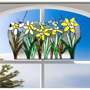Stained Glass Daffodil Window Panel Suncatcher Floral Design 23x14in ...