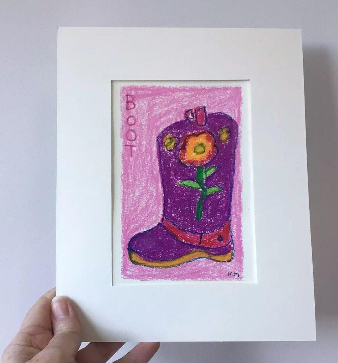 Cowgirl Boot Oil Pastel Drawing: Floral Western Art, Signed Original - Etsy