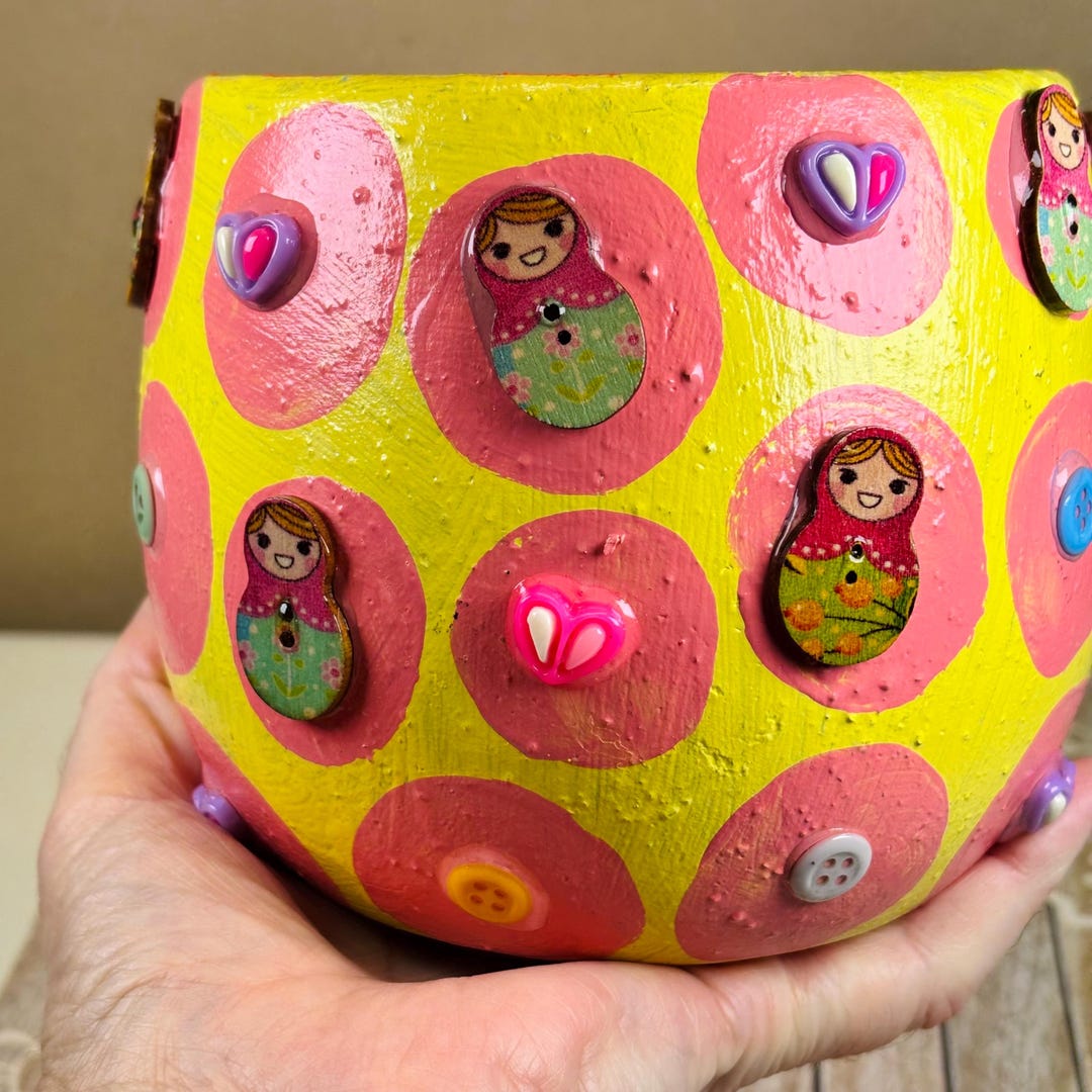 Hand Painted Succulent Plant Pot, Planter Pink Yellow, Babushka Hearts ...