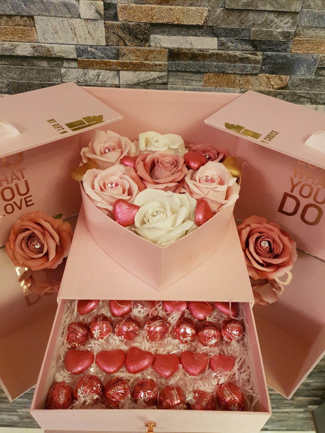 Luxury Pink Heart Gift Box – Roses & Lindor Chocolates - Etsy