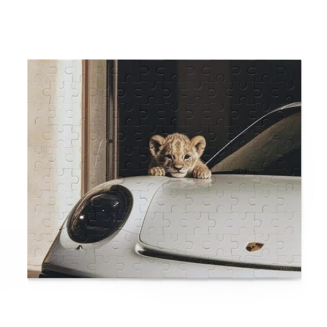 Luxury Car Puzzle With Baby Lion Cub - Modern White Porsche Hood Jigsaw ...